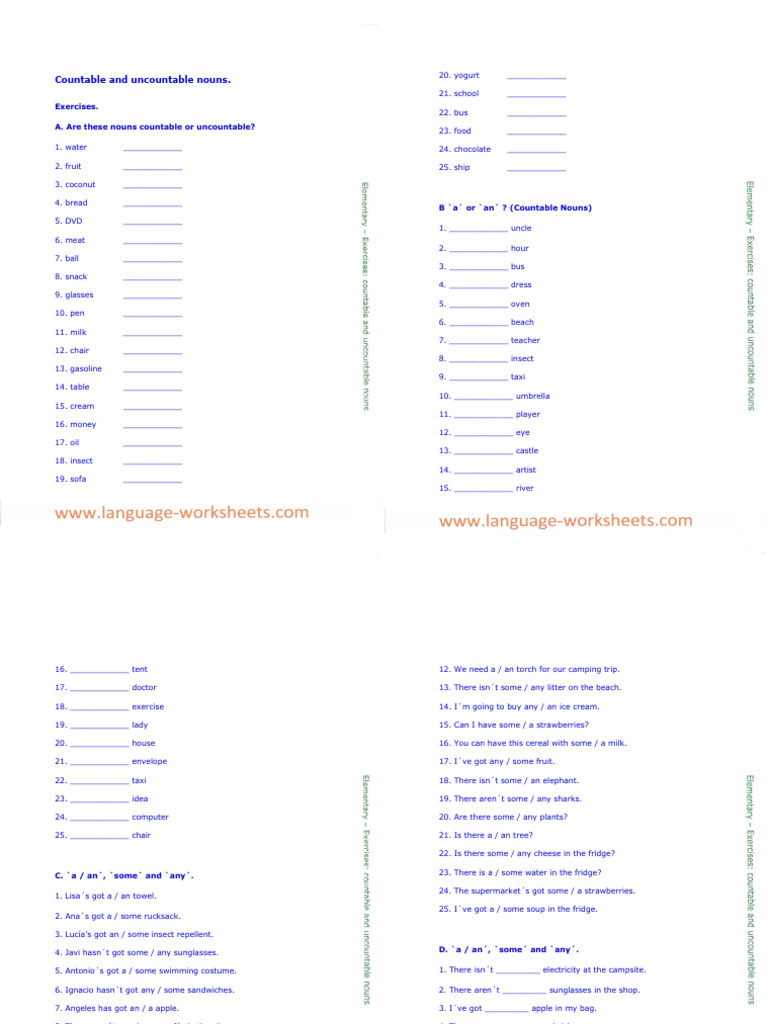Count Able and Uncountable Nouns Exercises | PDF | Cuisine | Foods