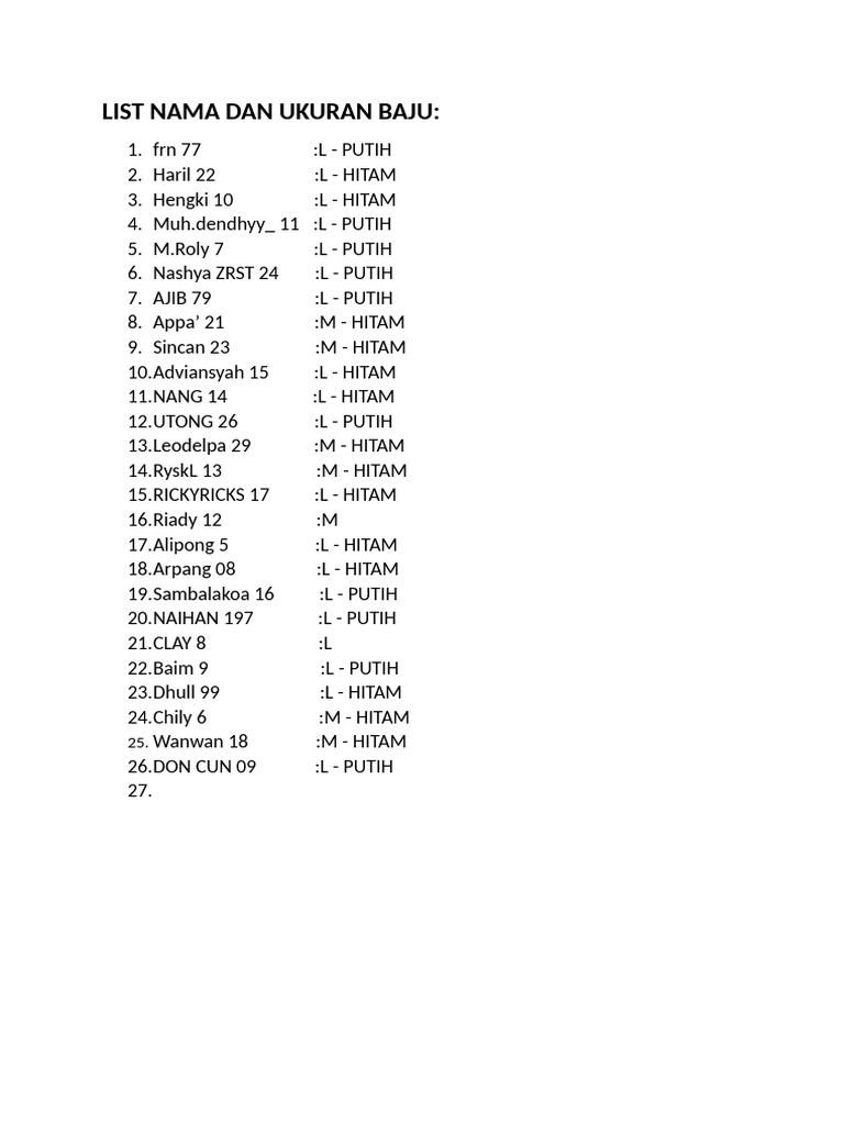 List Nama Dan Ukuran Baju | PDF