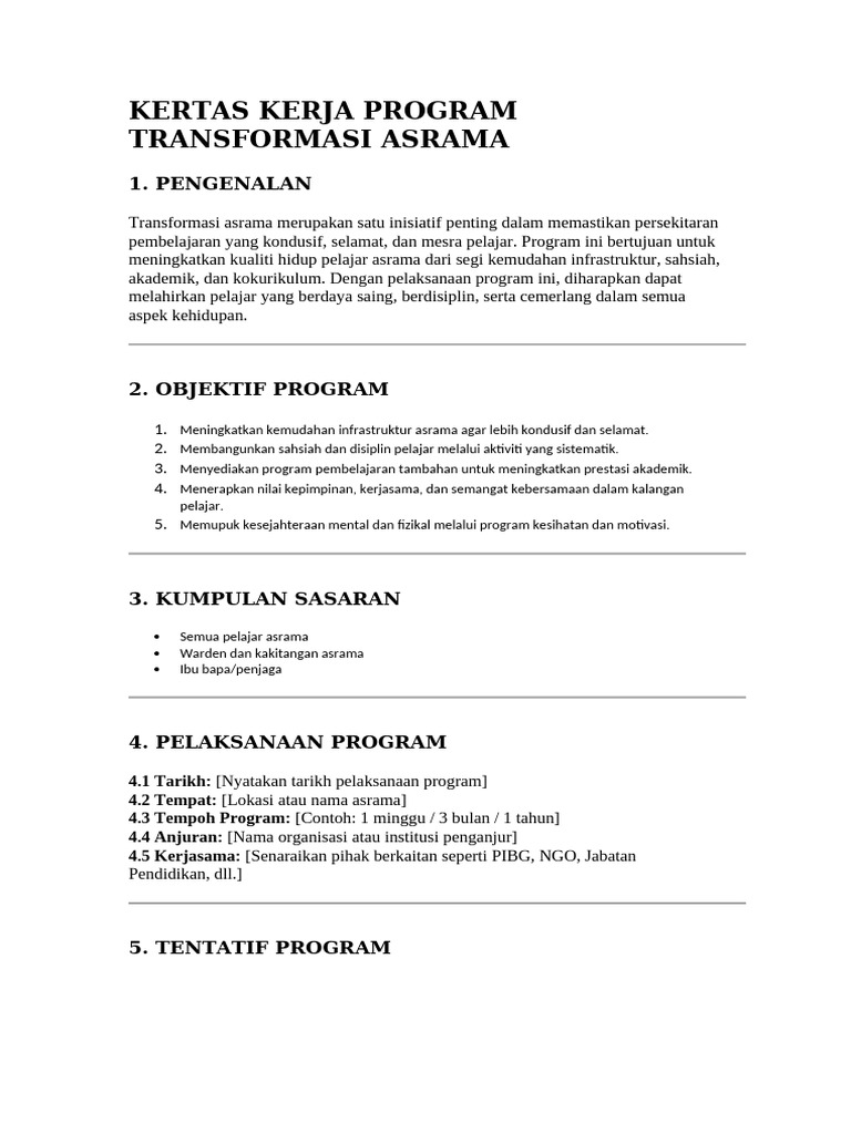 Kertas Kerja Program Transformasi Asrama | PDF