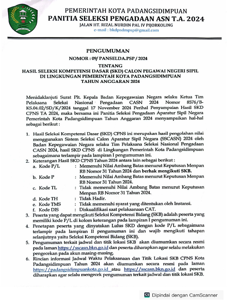 Pengumuman Hasil Seleksi SKD Cpns 2024 Final | PDF