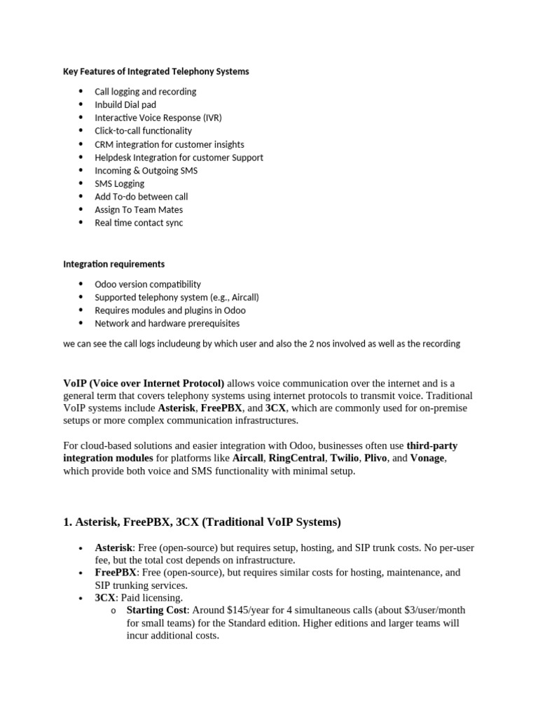 Key Features of Integrated Telephony Systems | PDF | Voice Over Ip ...