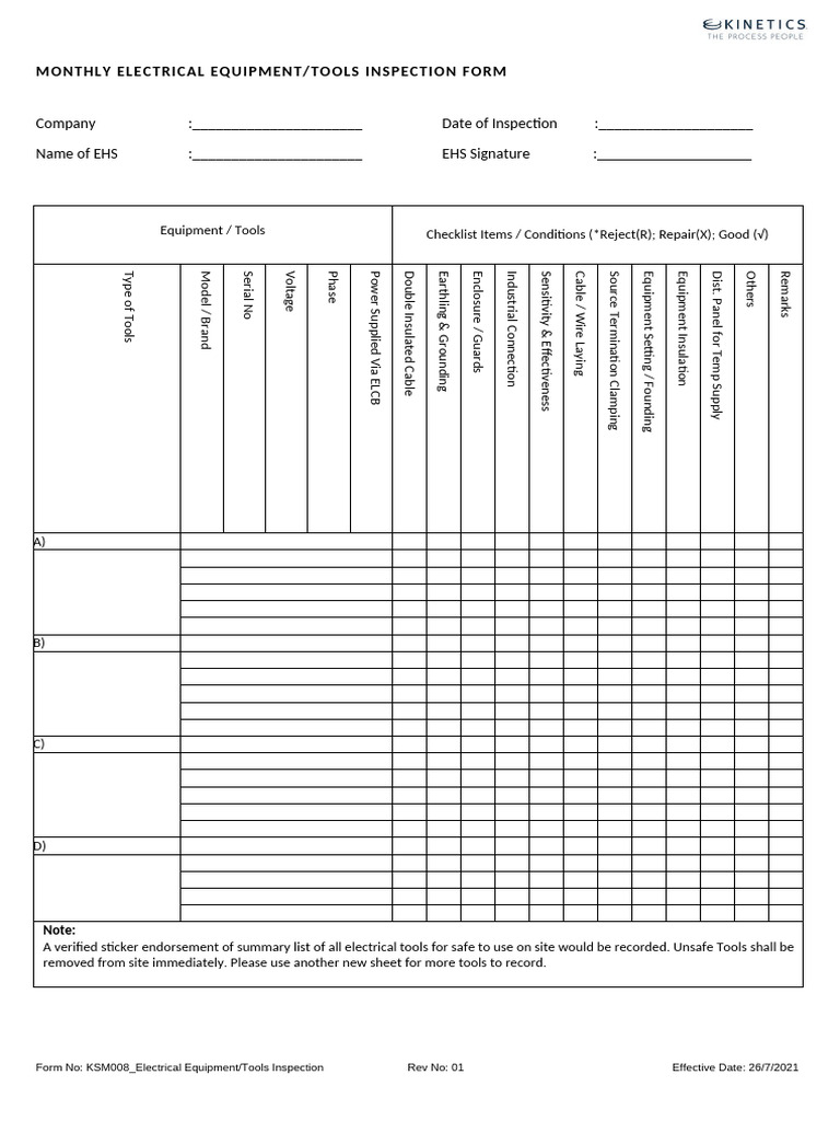 KSM008 - Monthly Electrical Equipment Tools Inspection Form | PDF ...