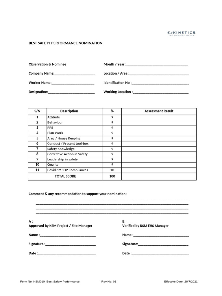 Best Safety Performance Nomination Form | PDF
