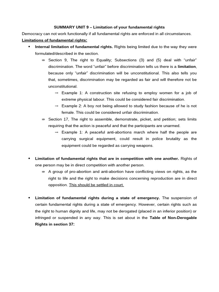 ILW1501_Summary_U9_(Limitations of your fundamental Rights) | PDF | Government And Personhood ...