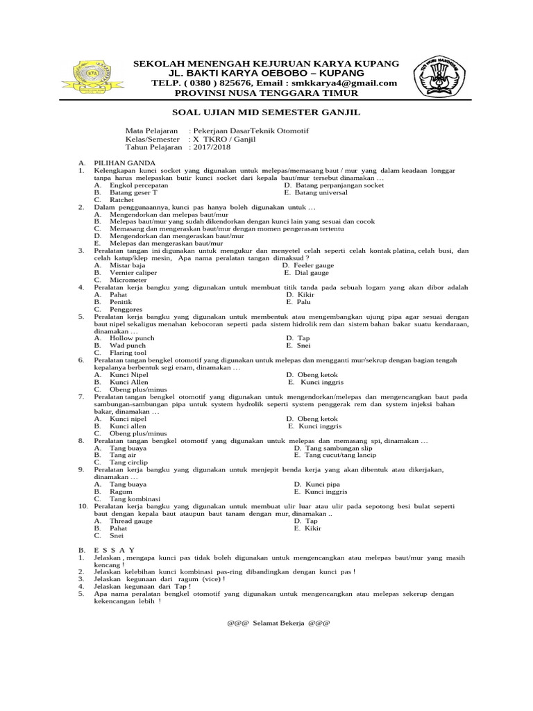 Soal Pdto KLS X Tkro 2018 | PDF