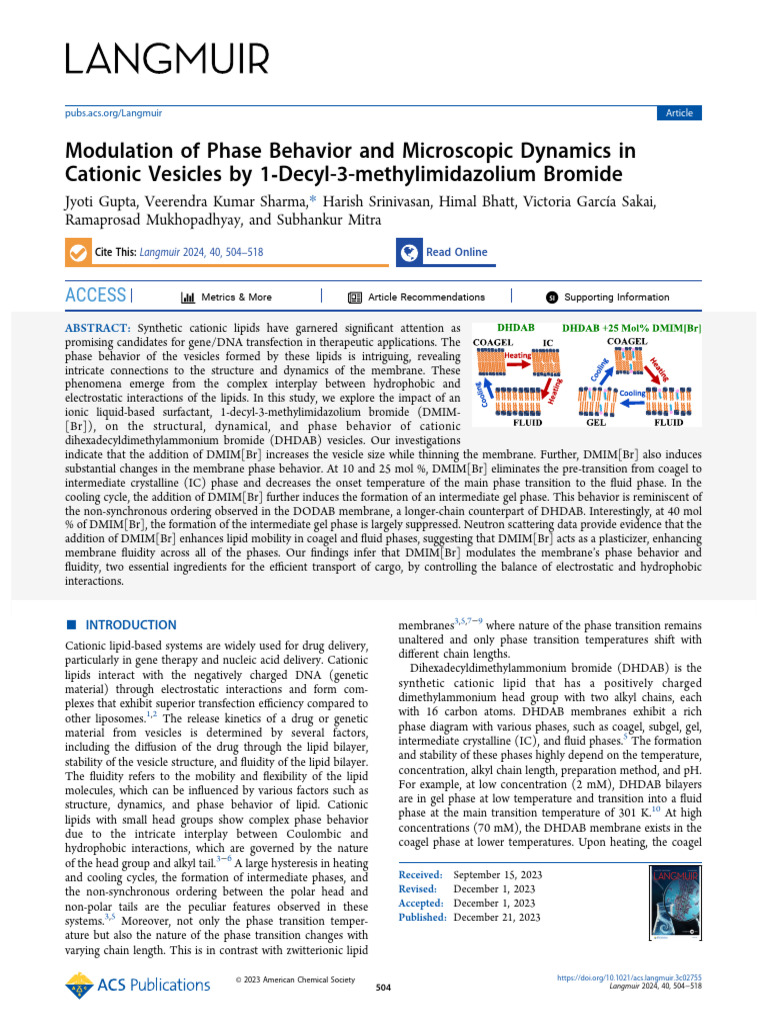 Cationic Vesicle Dynamics with DMIM-Br | PDF | Lipid Bilayer ...