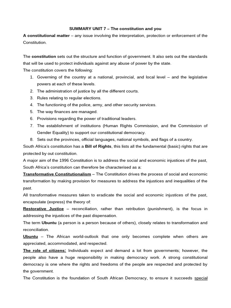 ILW1501 - Summary - U7 - (The Constitution and You) | PDF | Separation Of Powers | Constitution