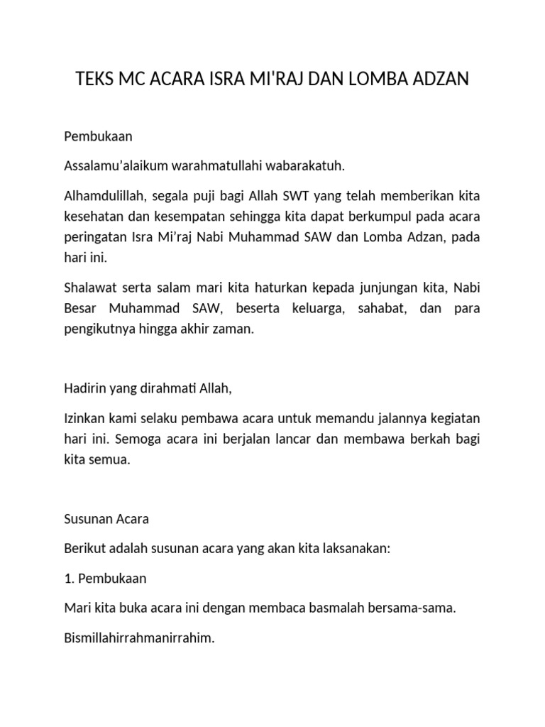 Teks MC Isra Mi'raj dan Lomba Adzan | PDF