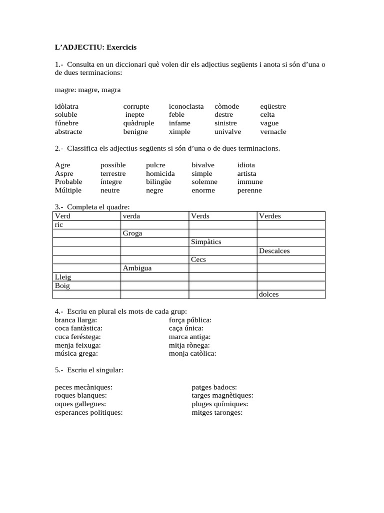 Exercicis Adjectiu | PDF
