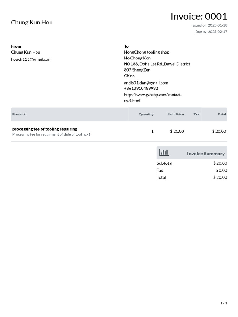 Invoice HoChong Tooling Shop | PDF