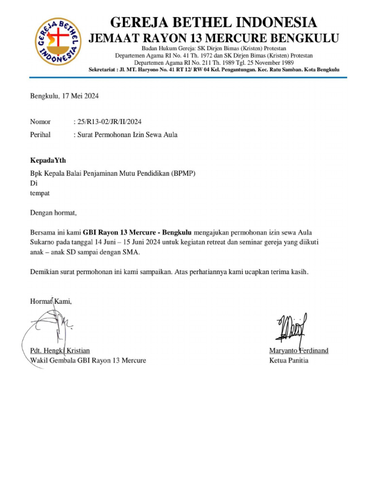 Surat Permohonan Sewa Aula | PDF