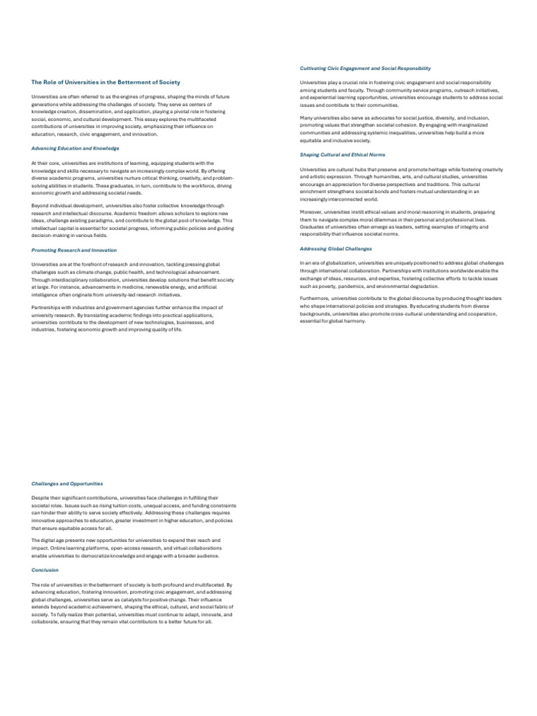 Role of University in Society Betterment | PDF | University | Innovation