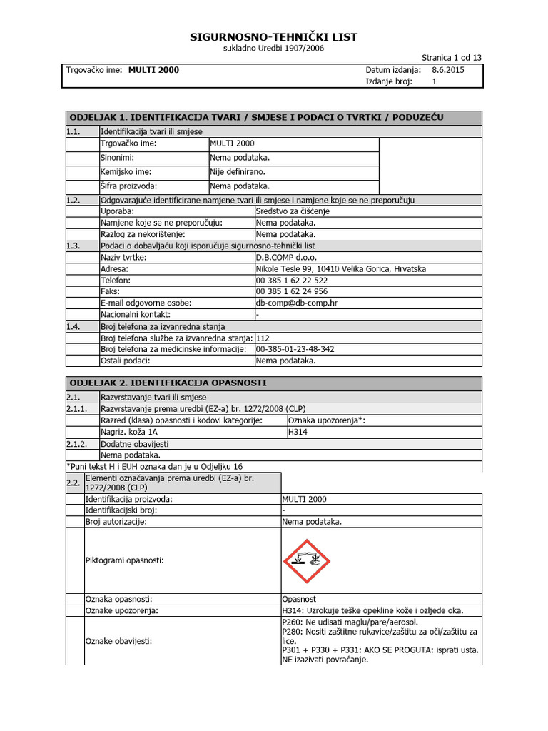 Sigurnosno Tehnički List - MULTI 2000 | PDF