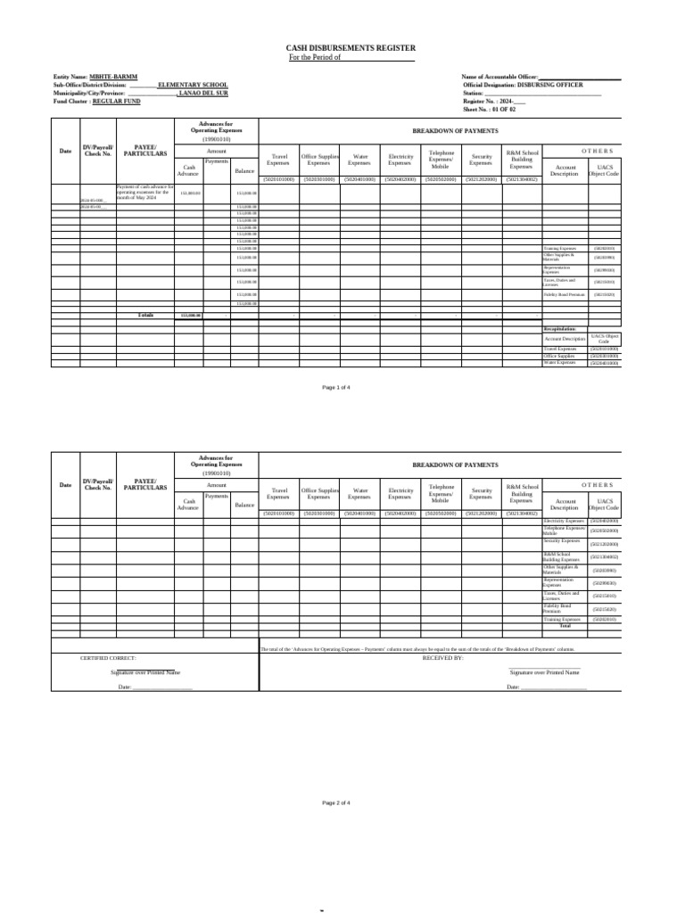Cash Disbursement Register (CDR) MOOE Template | PDF | Payments | Business