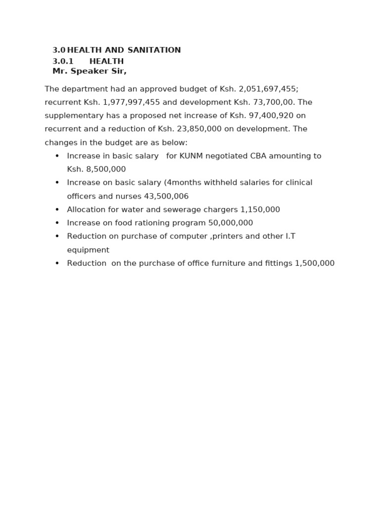 Sample Observation on HEALTH and SANITATION Department Supplementary ...