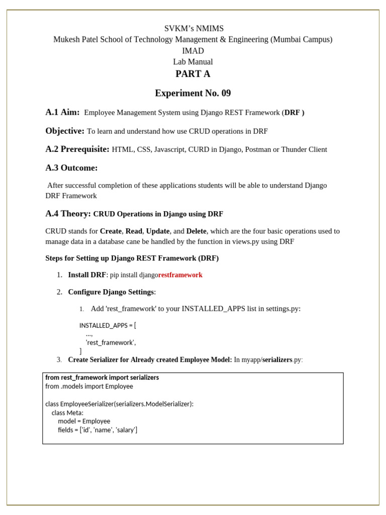 Exp 9 Employee Management System using Django DRF (1) | PDF | Computing | Web Development