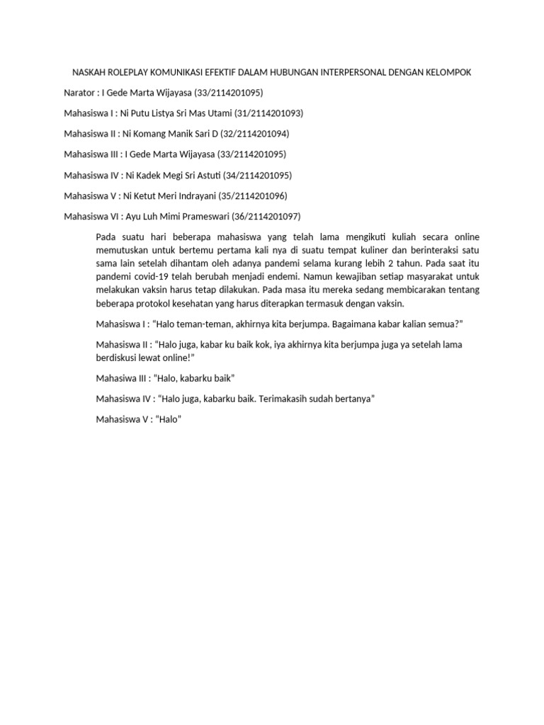 Naskah Roleplay Komunikasi Efektif Dalam Hubungan Interpersonal Dengan Kelompok | PDF
