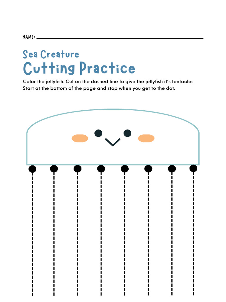 Sea Creature Cutting Practice Worksheet Set in Blue and Orange Playful ...
