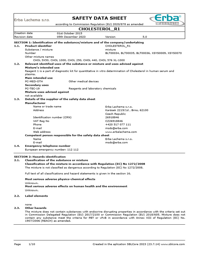 Cholesterol R1 Safety Data Sheet | PDF | Waste | Toxicity