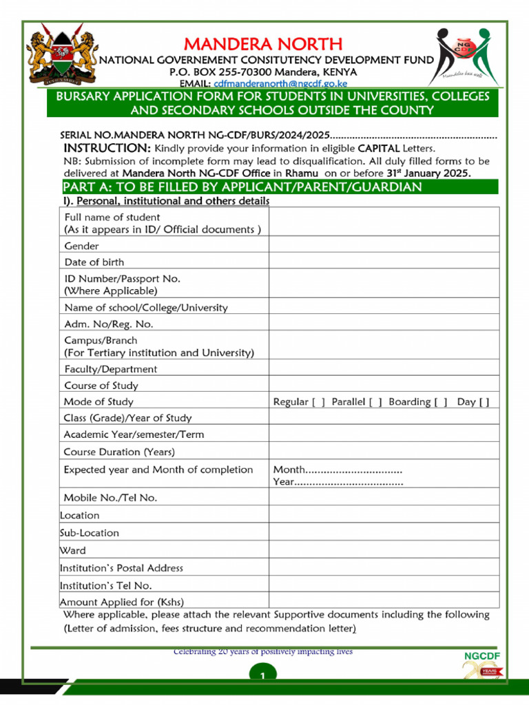 BURSARY APPLICATION FORM MANDERA NORT 2024 2025 | PDF