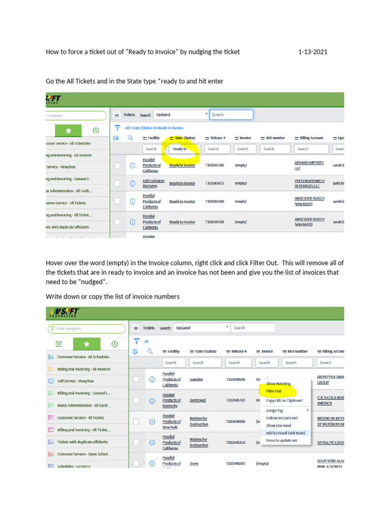 How To NUDGE A Ticket That Is Stuck in Ready To Invoice | PDF