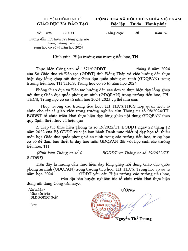 PGDĐT HUONG DAN THUC HIEN THONG TU 08-LONG GHEP GDQPAN | PDF