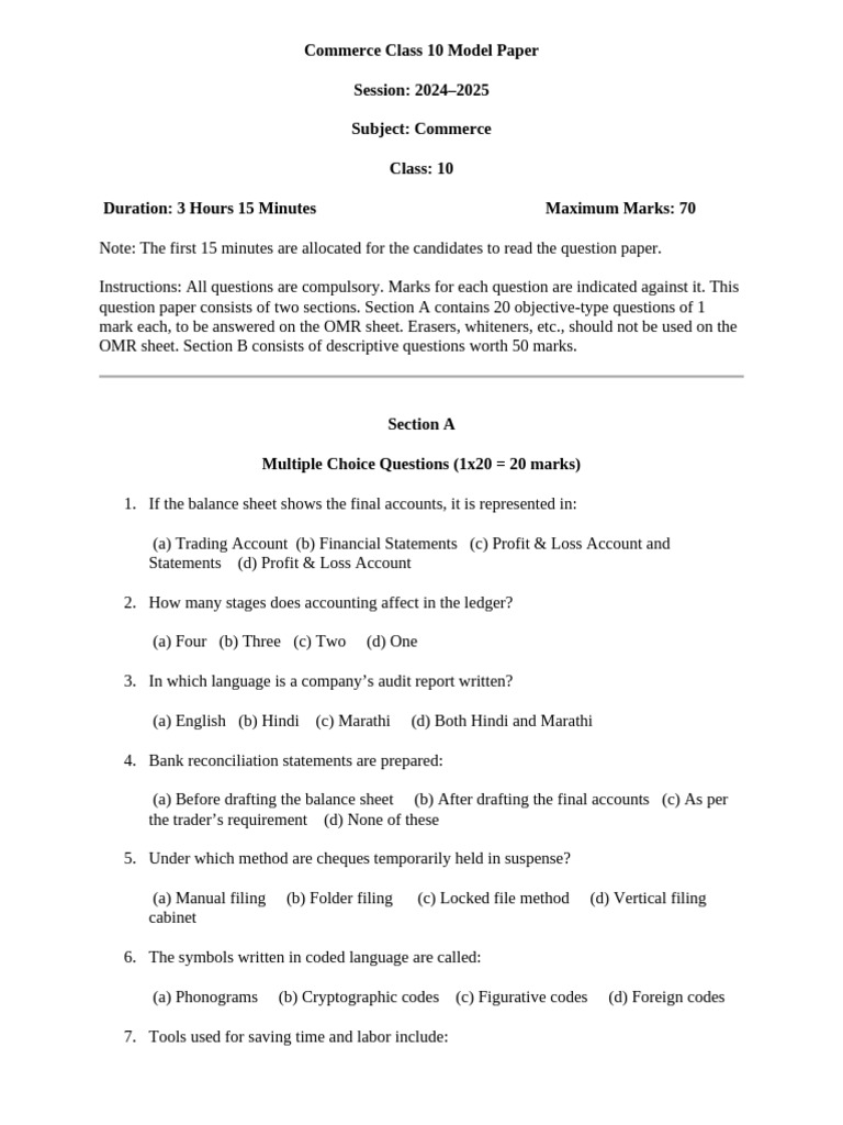 Commerce Class 10 Model Paper | PDF | Expense | Banks