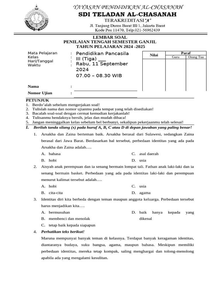 Soal PTS Kelas 3 Pendidikan Pancasila 2024-2025 | PDF