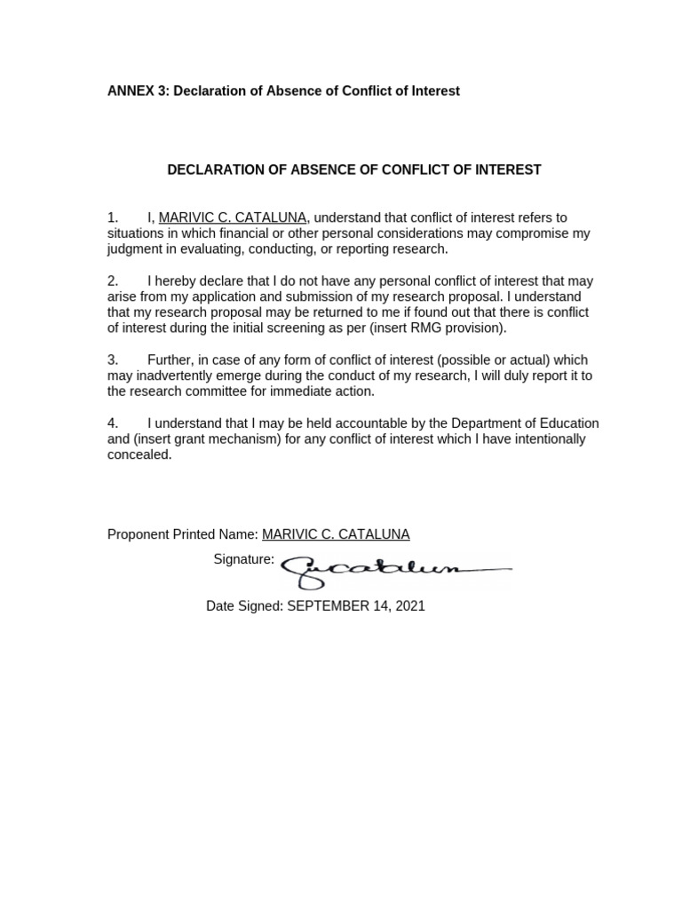 Conflict of Interest Declaration Form | PDF