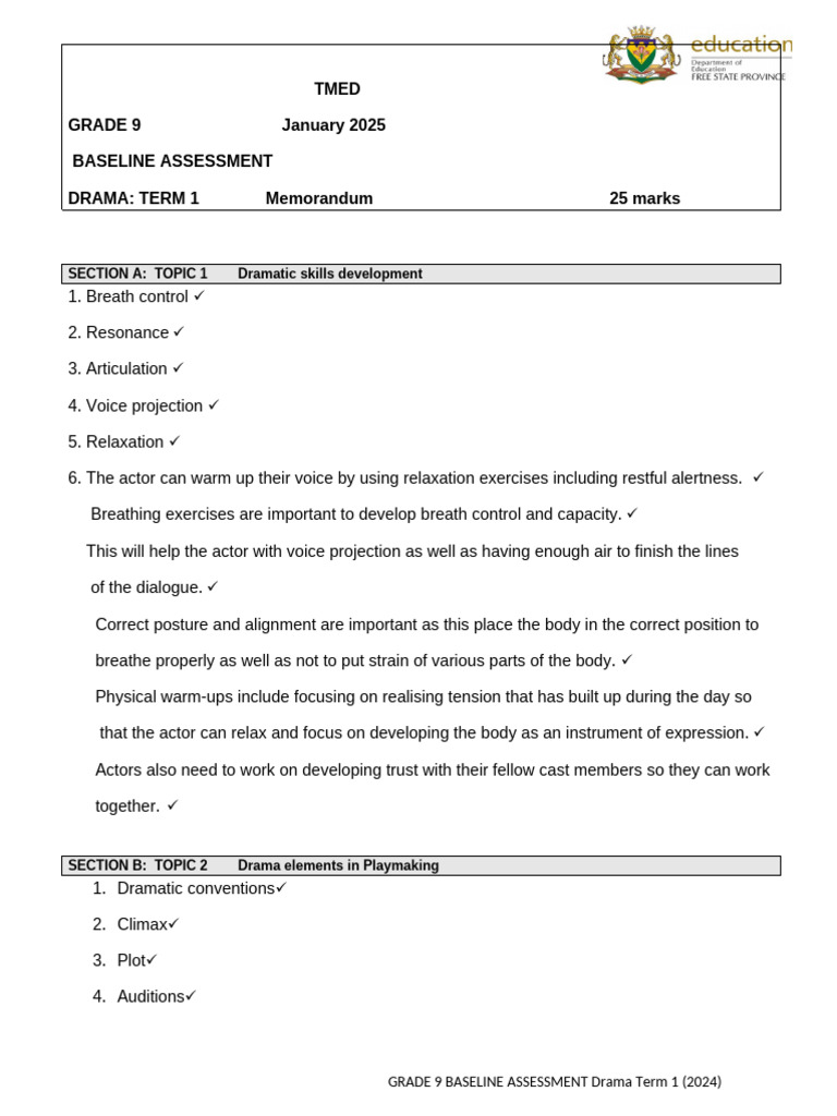Grade 9 Drama Assessment Memo | PDF