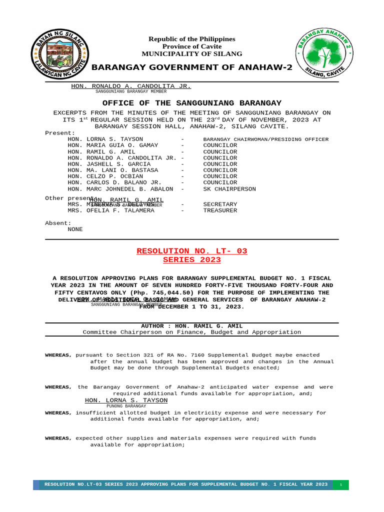 2023 Resolution No. LT 03 Approving Supplemental Budget 2023 | PDF