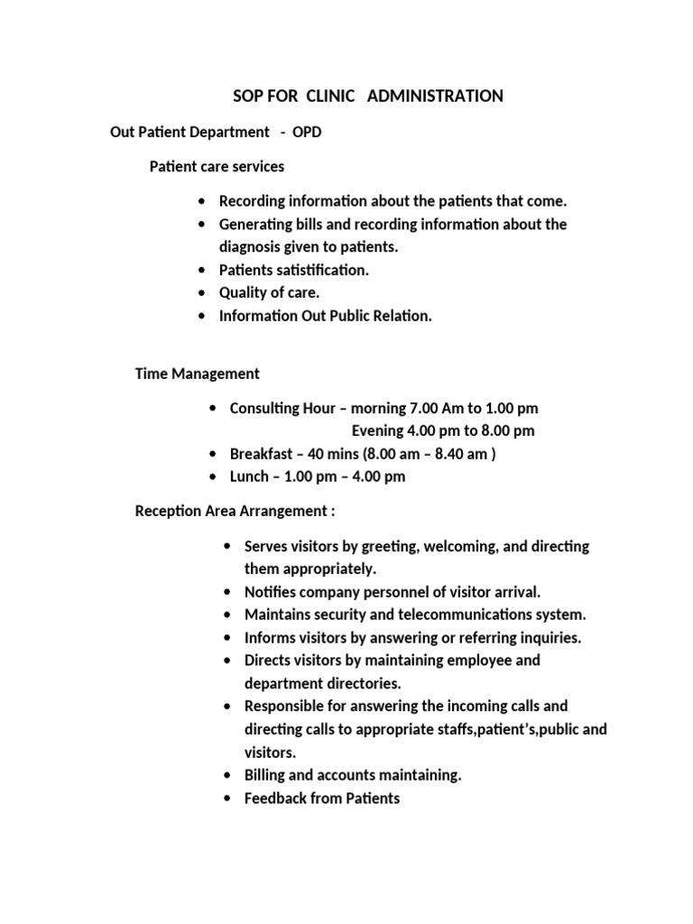 SOP FOR CLINIC ADMINISTRATION | PDF | Medicine | Public Services