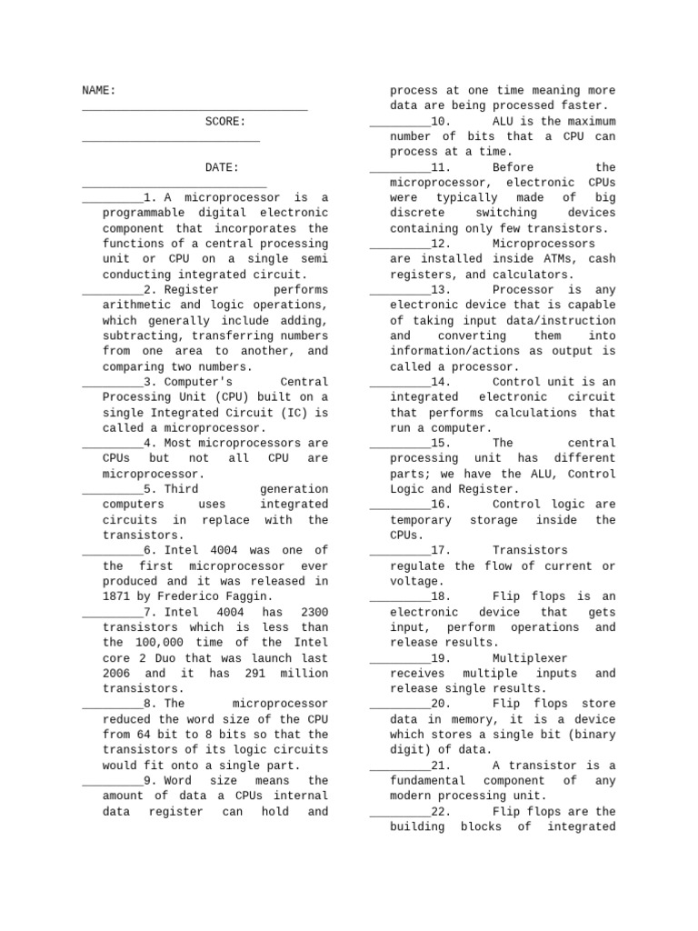 Prelim - Quiz 1 | PDF | Central Processing Unit | Electronic Circuits