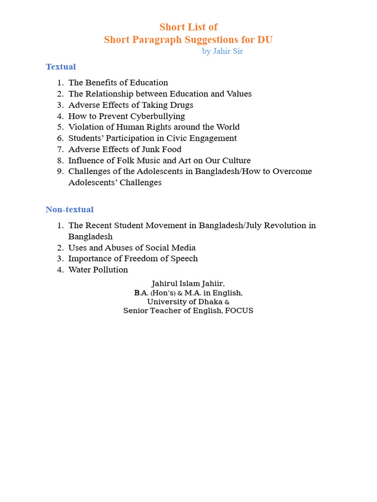 Short List of Paragraph Suggestions For DU | PDF