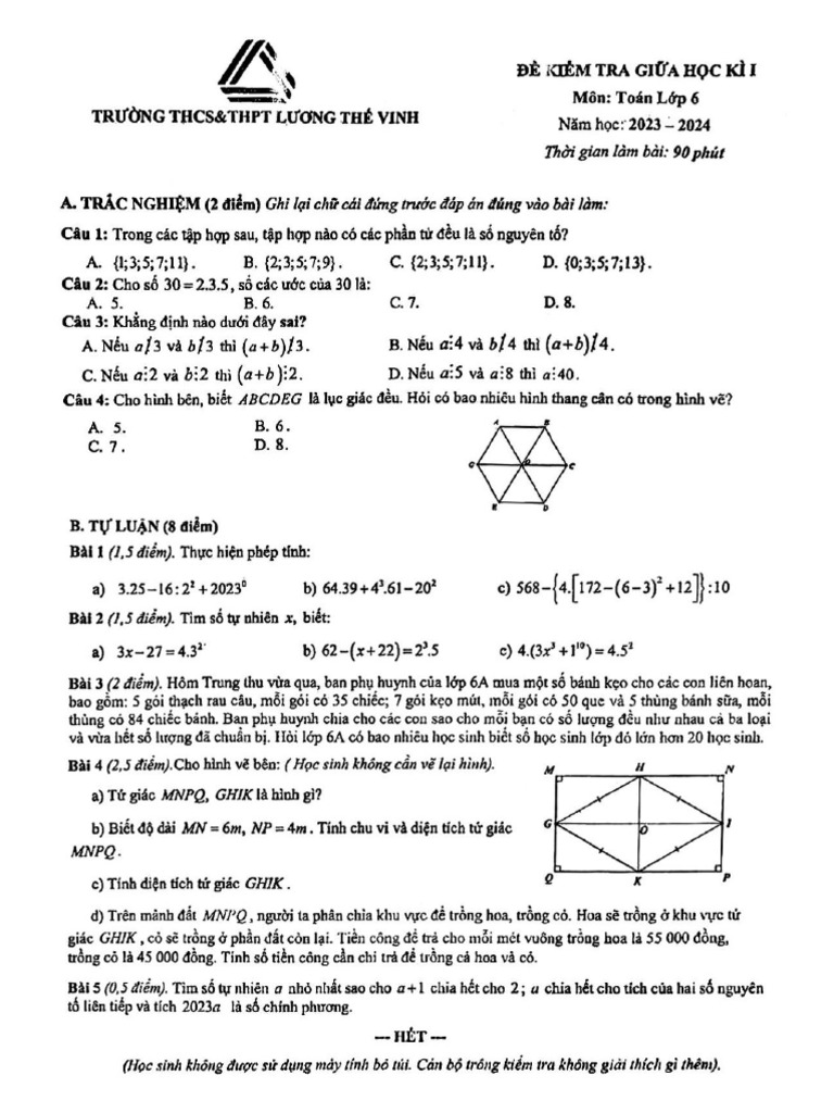 De Giua Hoc Ki 1 Toan 6 Nam 2023 2024 Truong Luong The Vinh Ha Noi | PDF