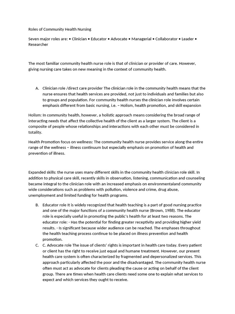 Major Roles of Community Health Nurses | PDF | Nursing | Holism