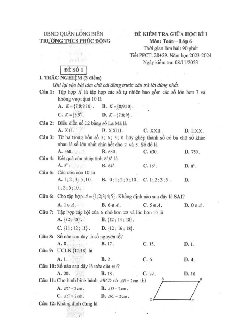 De Thi Giua Ki I Toan 6 THCS Phúc Đồng 2023 2024 | PDF