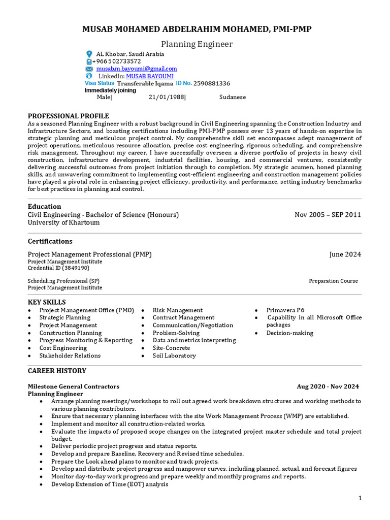 Planning Engineer - Musab Mohamed | PDF | Concrete | Project Management