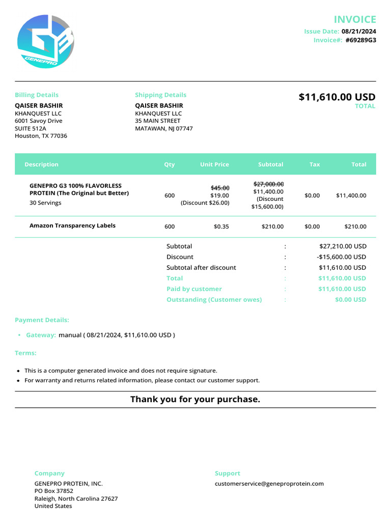 Invoice for GENEPRO Protein Purchase | PDF | Invoice | Payments