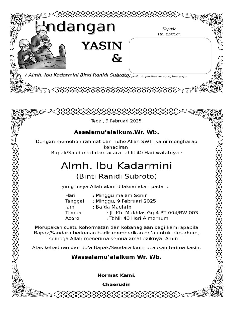 Undangan Yasin & Tahlil (1L) | PDF