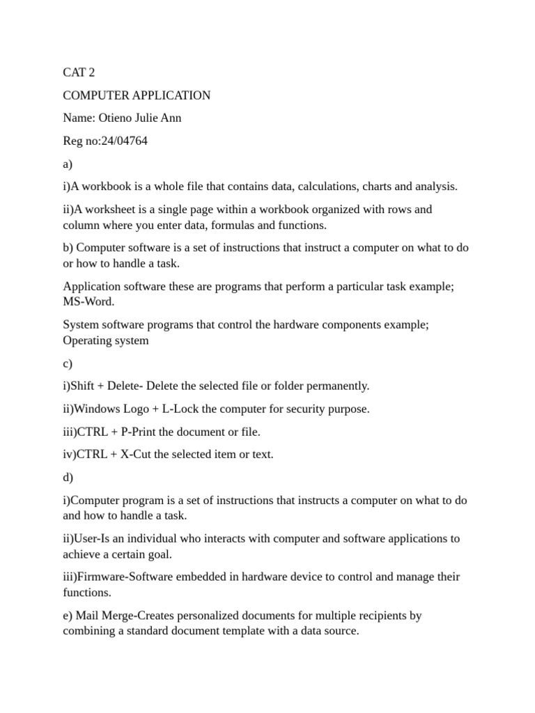 Cat 2 (Computer Application) Otieno Julie Ann | PDF | Computer Program | Programming
