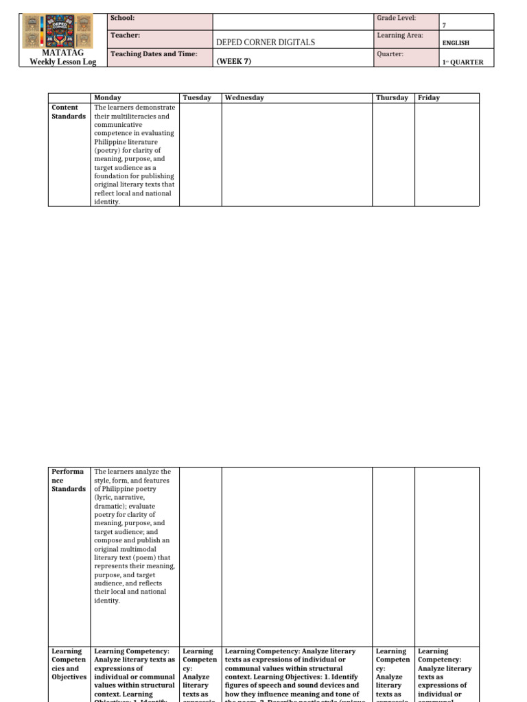 Dll-Week 7-Grade7-Eng - Deped Corner Digitals | PDF | Poetry