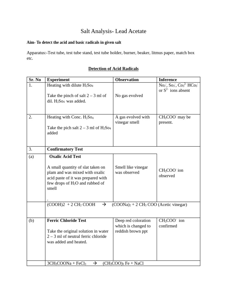 Lead Acetate Salt Analysis | PDF | Acetate | Sulfuric Acid