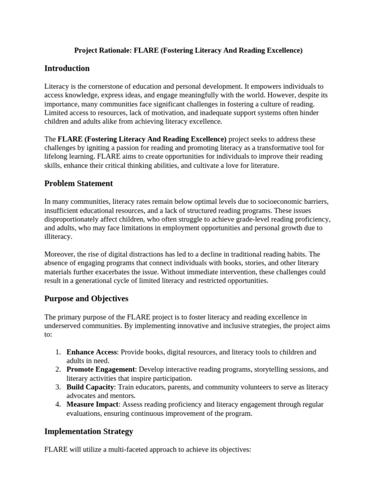 Project FLARE (Fostering Literacy And Reading Excellence) | PDF ...