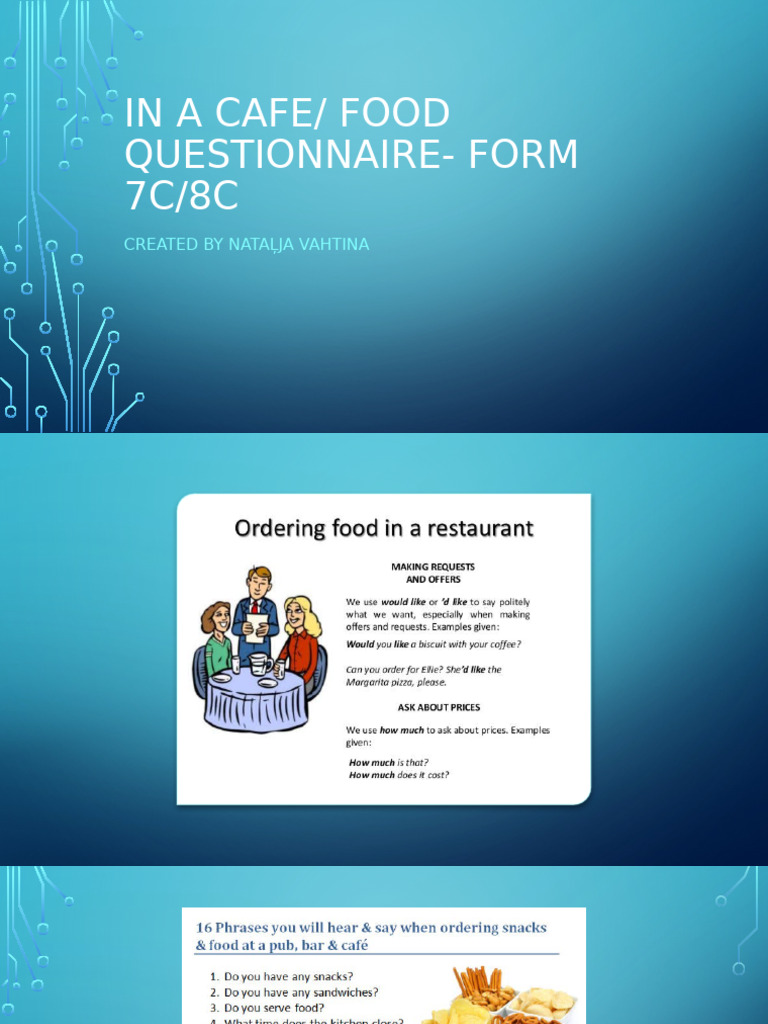 In A Cafe, Food Questionnaire - Form 7c and 8c | PDF
