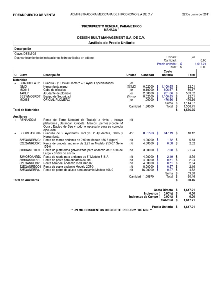 Análisis de Precio Unitario | PDF | Business