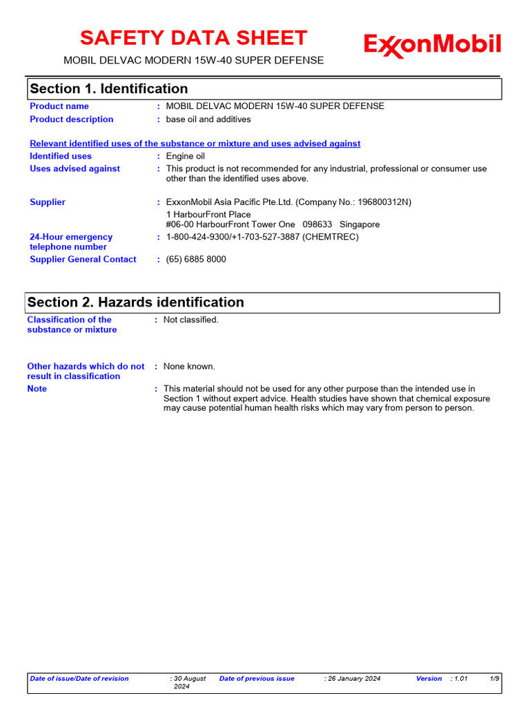 05-2. MSDS - Mobil Delvac Modern 15W-40 Super Defense - EN | PDF ...