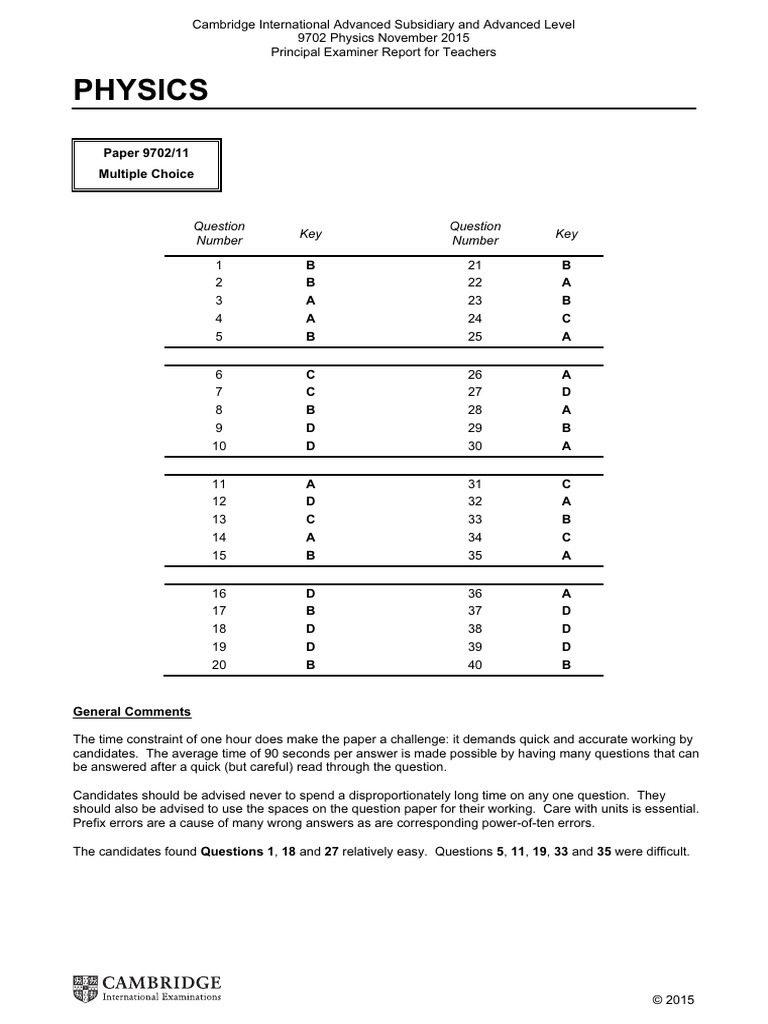 Physics: Paper 9702/11 Multiple Choice | PDF | Force | Velocity