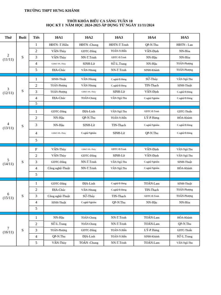 1. TKB CA SÁNG TUẦN 10 - Thực hiện ngày từ 11.11.2024 | PDF