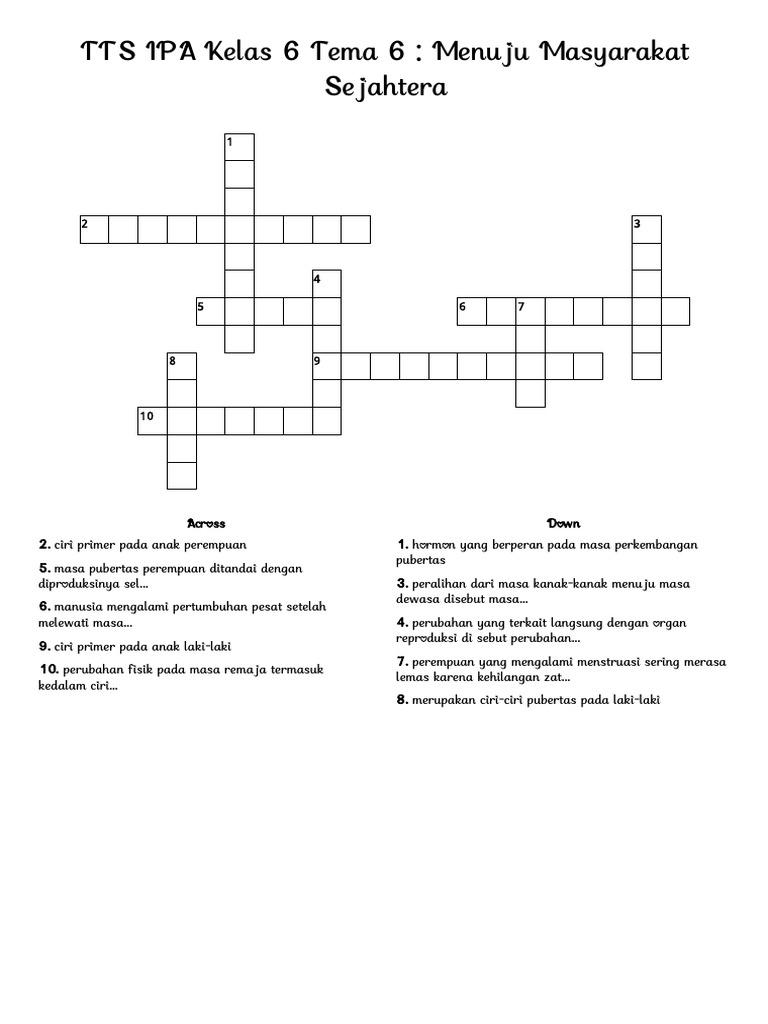 TTS IPA Kelas 6 Tema 6 - Menuju Masyarakat Sejahtera - Crossword Labs | PDF